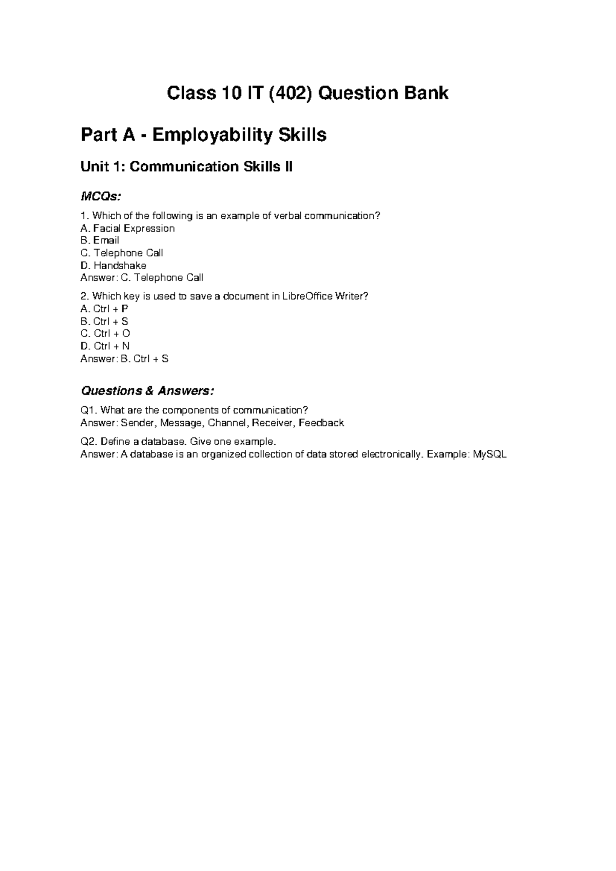 Class 10 IT (402) Question Bank: Employability Skills & Digital Docs ...