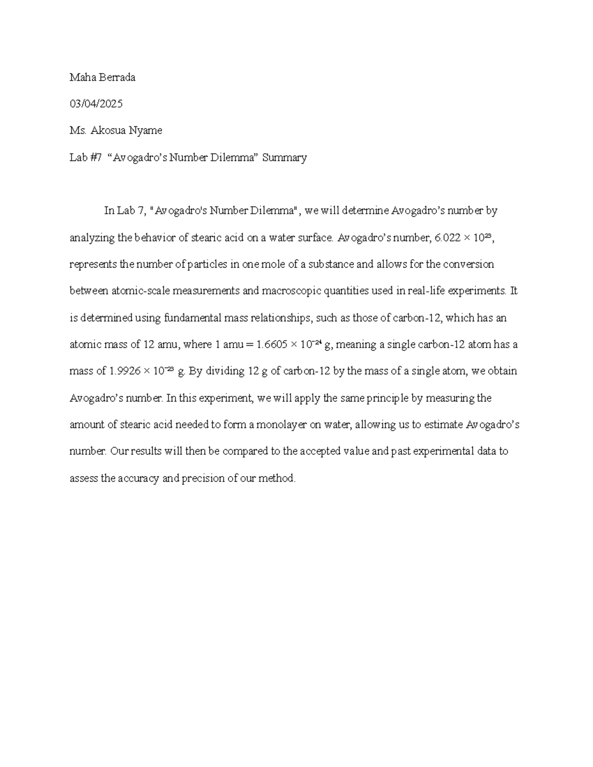 Lab #7 Summary - Maha Berrada 03/04/ Ms. Akosua Nyame Lab #7 “Avogadro ...