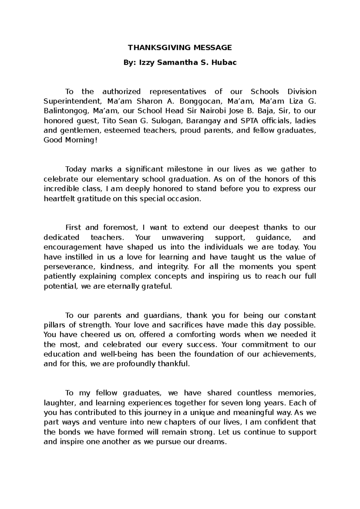 Graduation 2025: Thanksgiving Message & Pledge of Loyalty Notes - Studocu