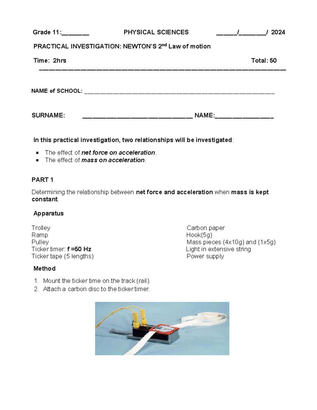 Final Investigation Gr 11 Physics: Newton's 2nd Law 2024 - Studocu