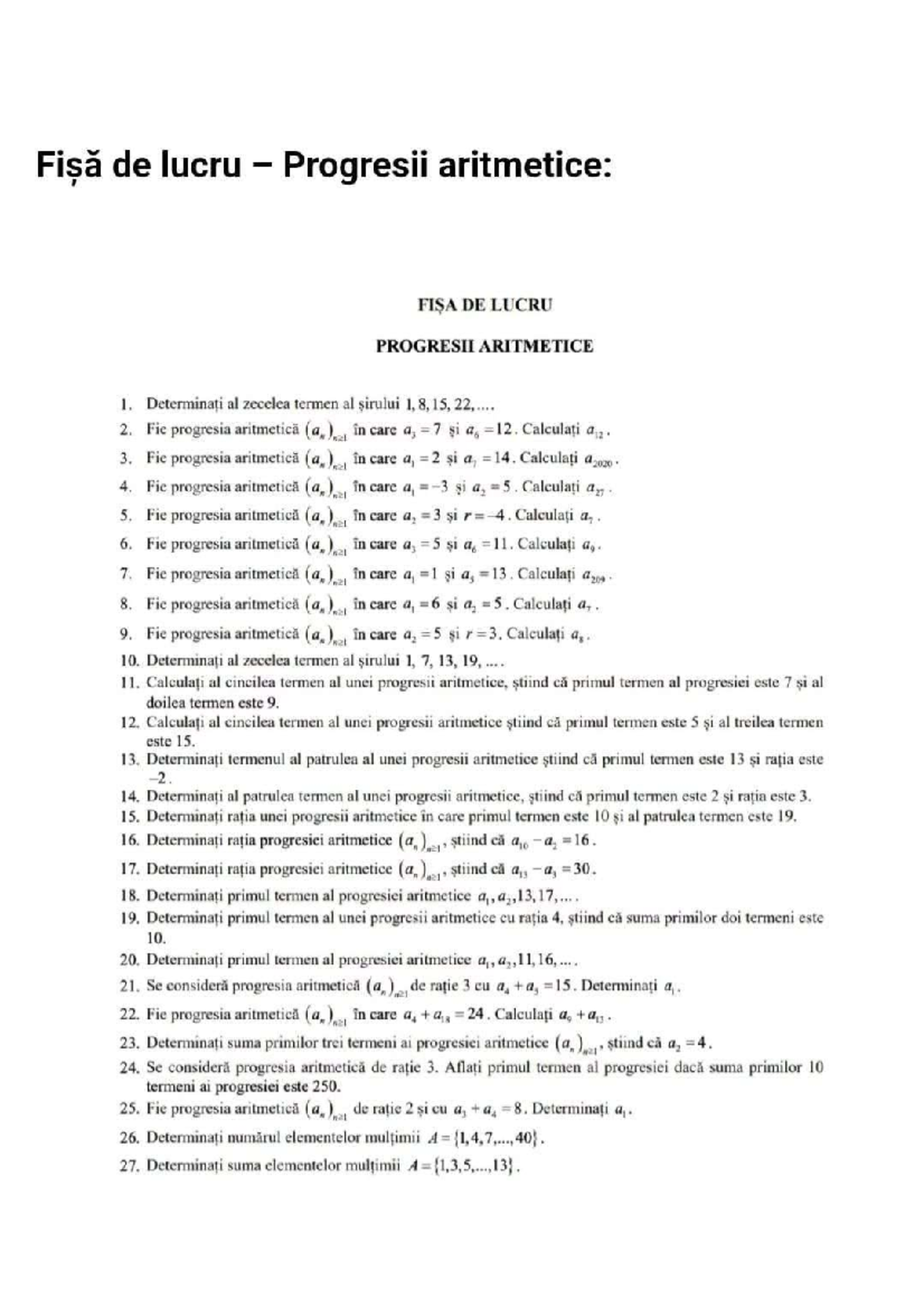 Fisa de lucru pentru Progresii Aritmetice - Exercitii Practic 2023 ...