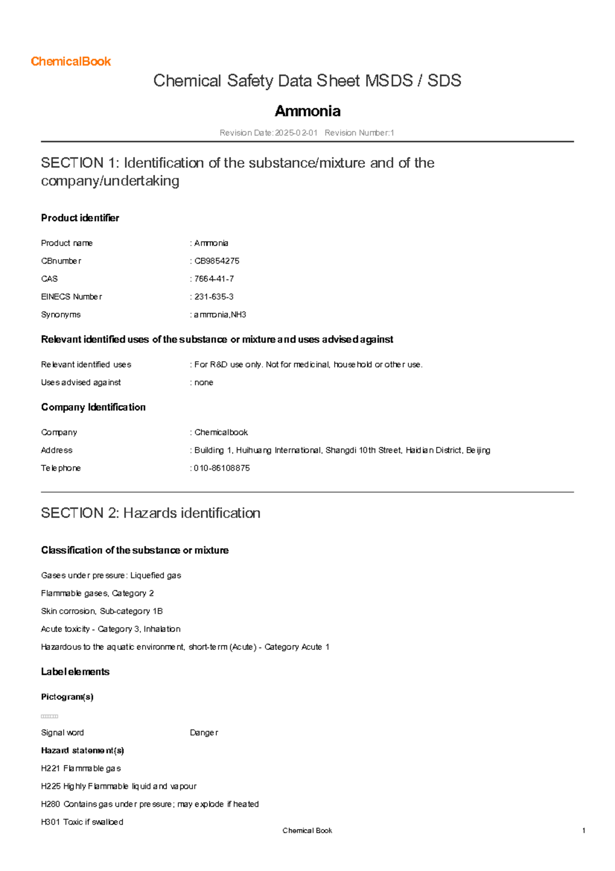 Chemical Safety Data Sheet (SDS) for Ammonia (CB9854275) - Studocu