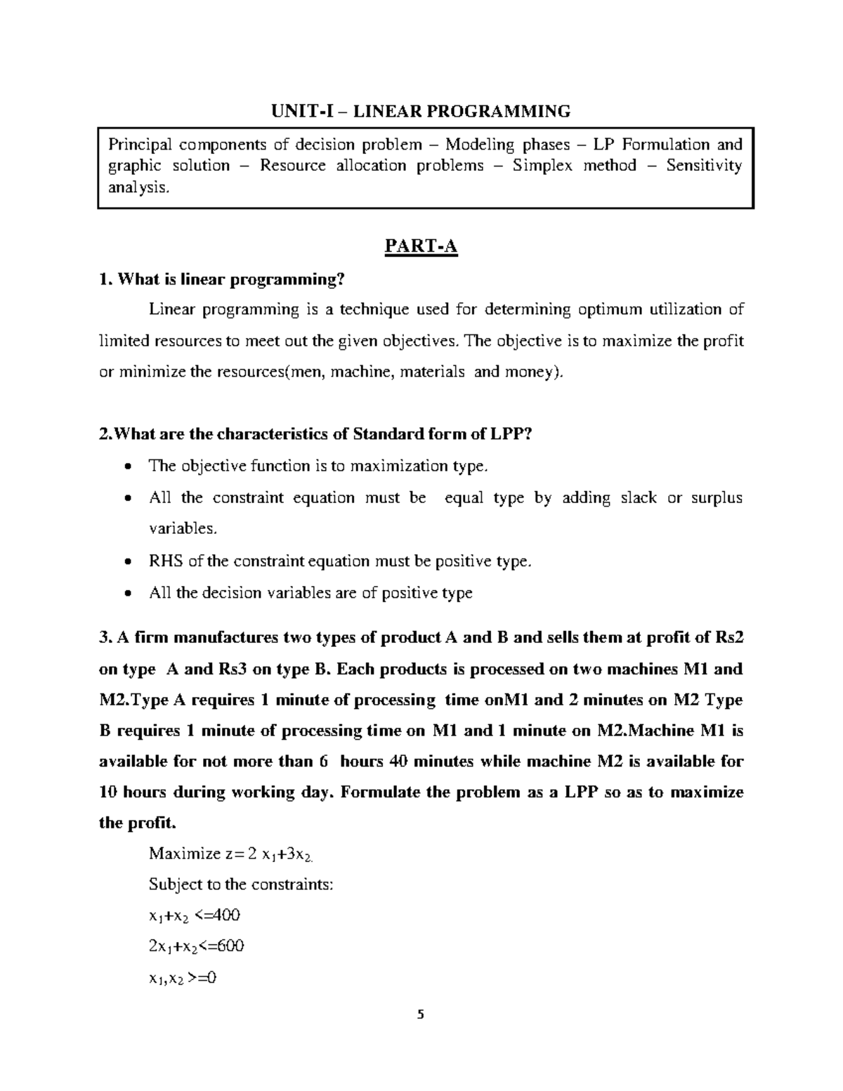 OIE352 Linear Programming: Key Concepts and Applications Notes - Studocu