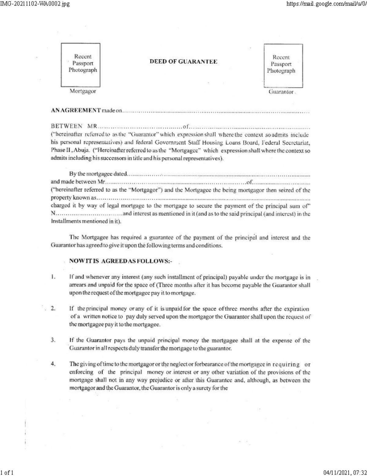 Deed of Guarantee for Mortgage Agreement - Passport Details - Studocu