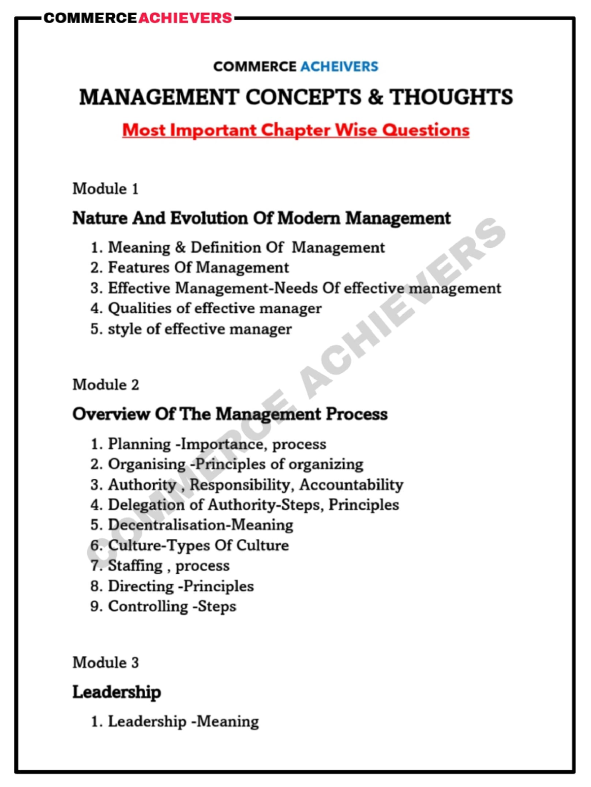 ACHEIVERS MC&T Important Chapter Wise Questions for Management - Studocu