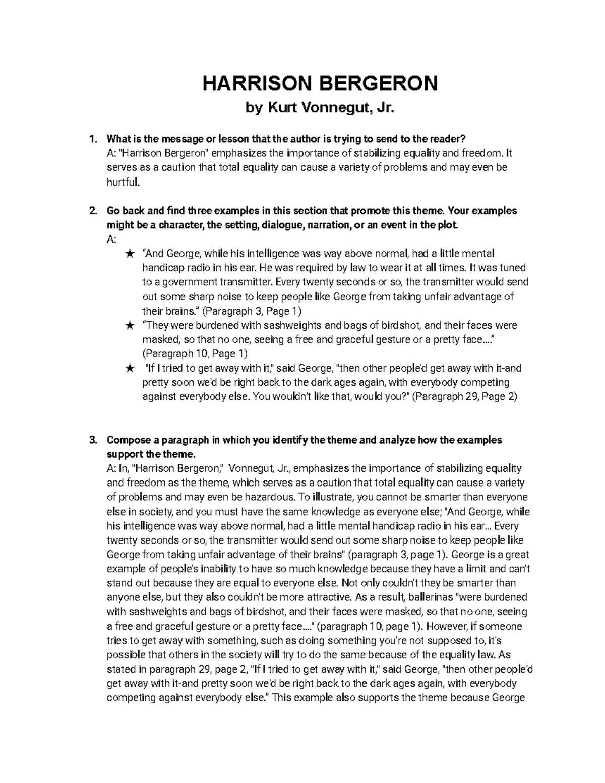 Harrison Bergeron: Analyzing Equality Themes in Vonnegut's Work - Studocu