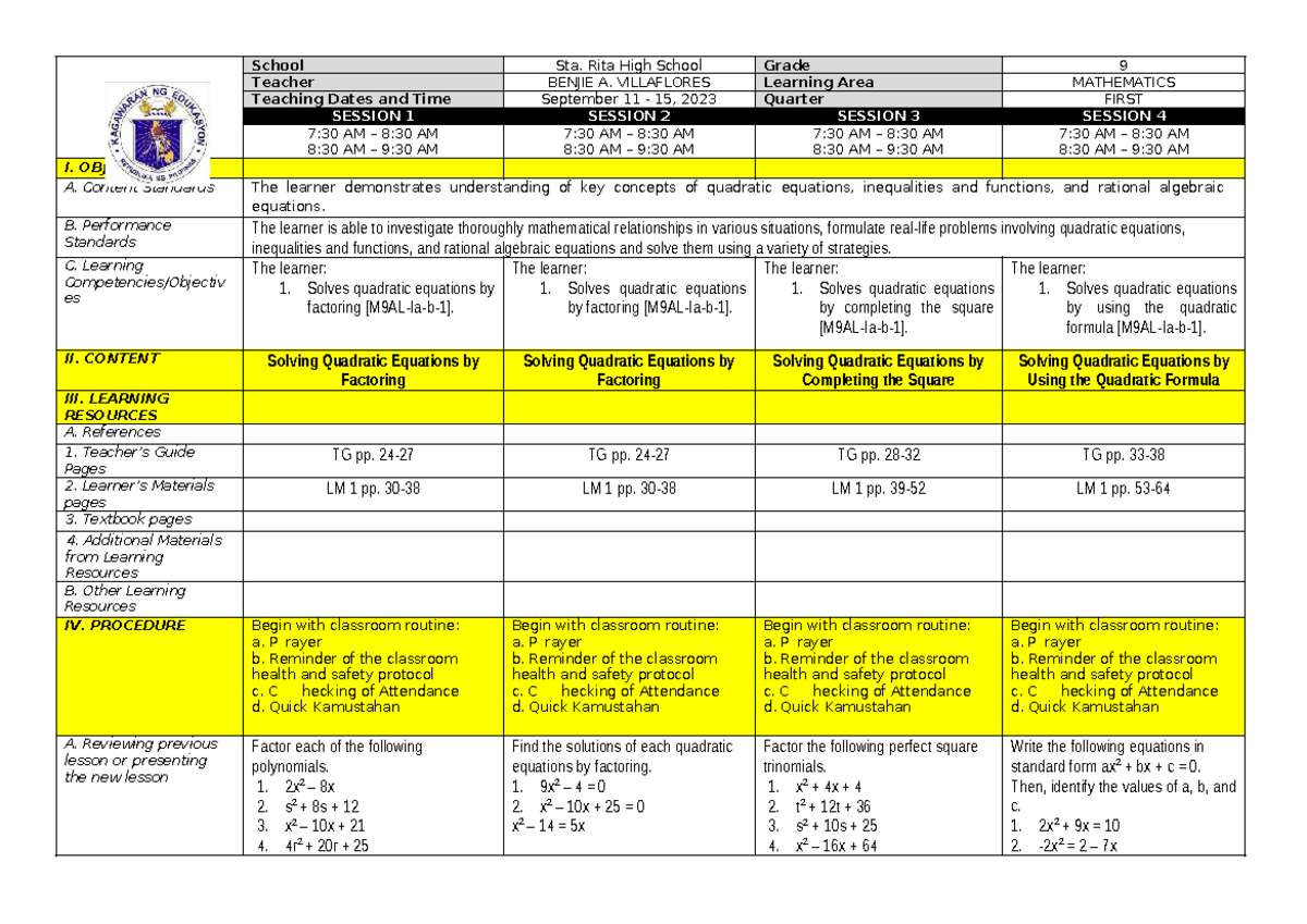 DLL - Grade 9 Math Lesson Plan: Quadratic Equations (September 11-15 ...