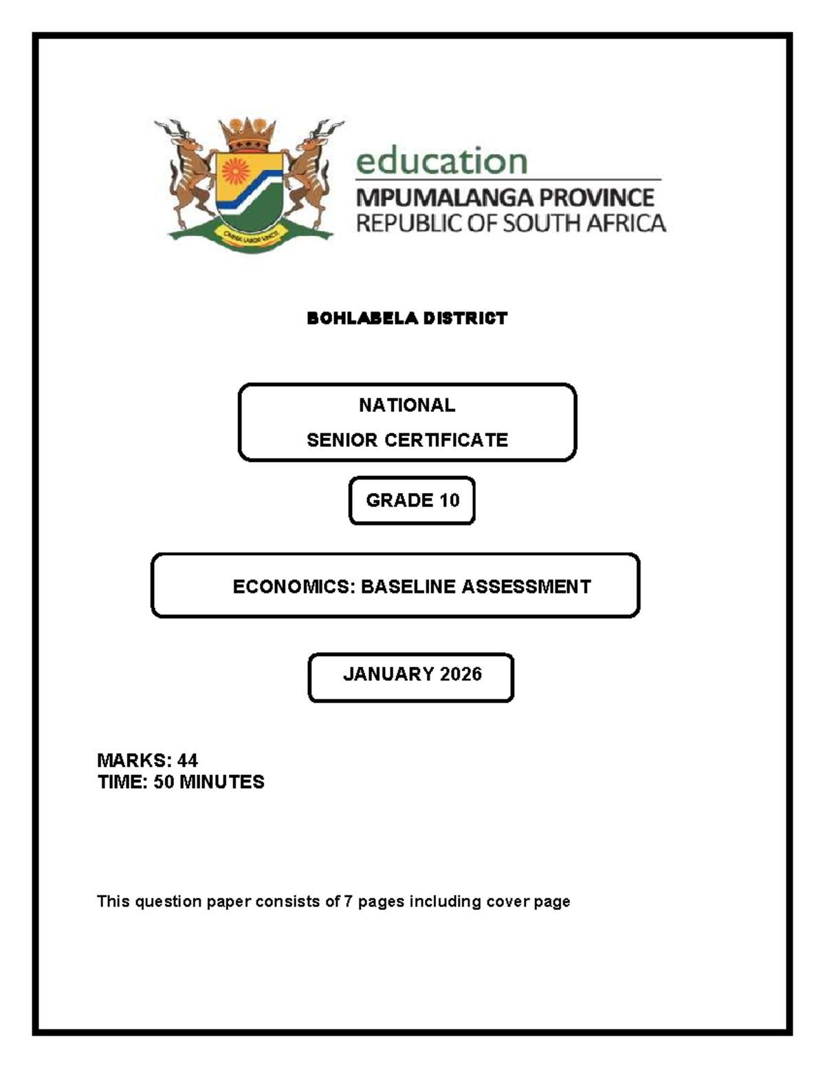 ECON 10 Baseline Assessment January 2026: Question Paper & Instructions ...