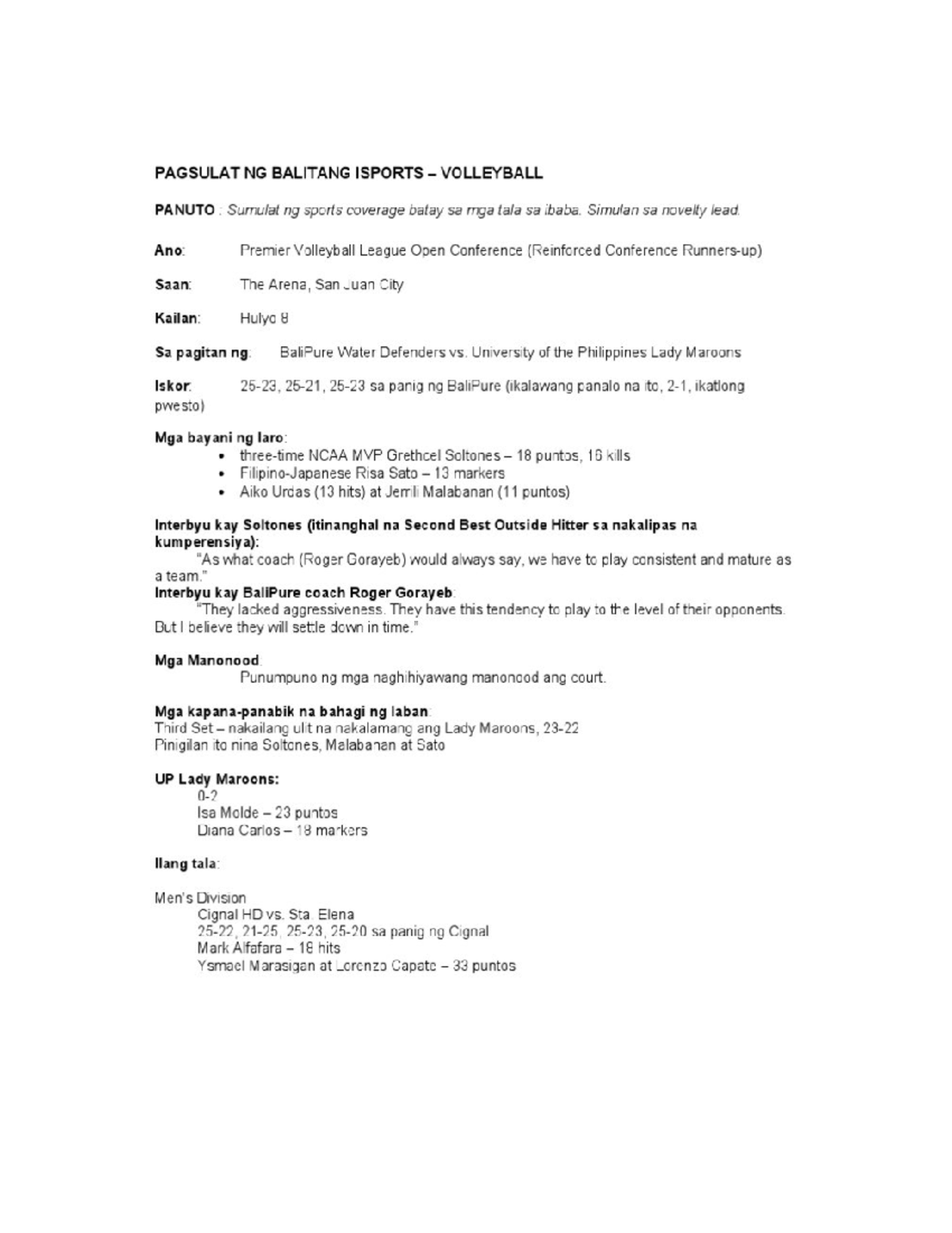 PAGSULAT NG BALITANG ISPORTS: Premier Volleyball League Coverage - Studocu