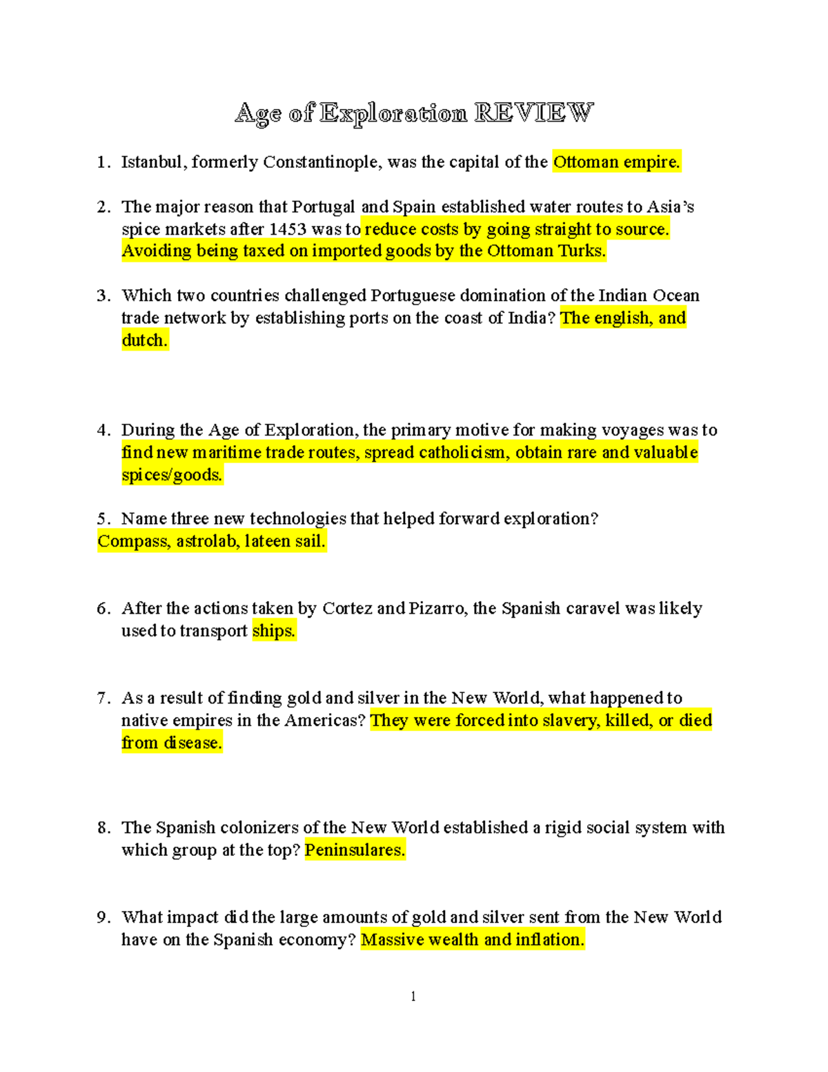 Exploration Study Guide - Age of Exploration REVIEW 1. Istanbul ...