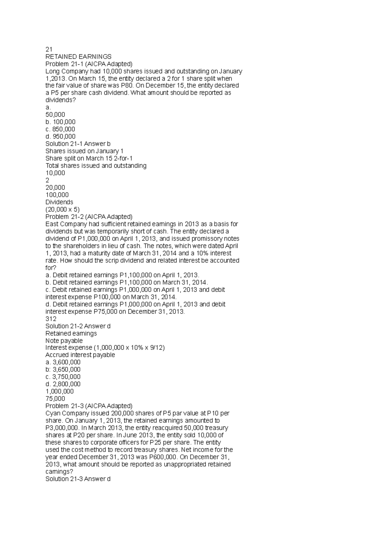 Retained Earnings Analysis for Financial Reporting: Problem Set 21 ...