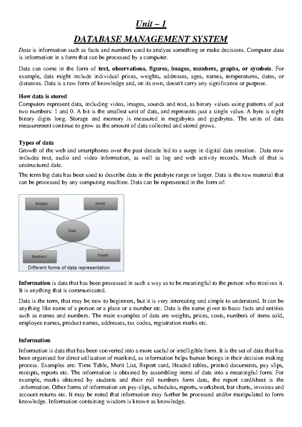 Unit 1: Introduction to DATABASE MANAGEMENT SYSTEM (DBMS) Concepts and Functions - Studocu