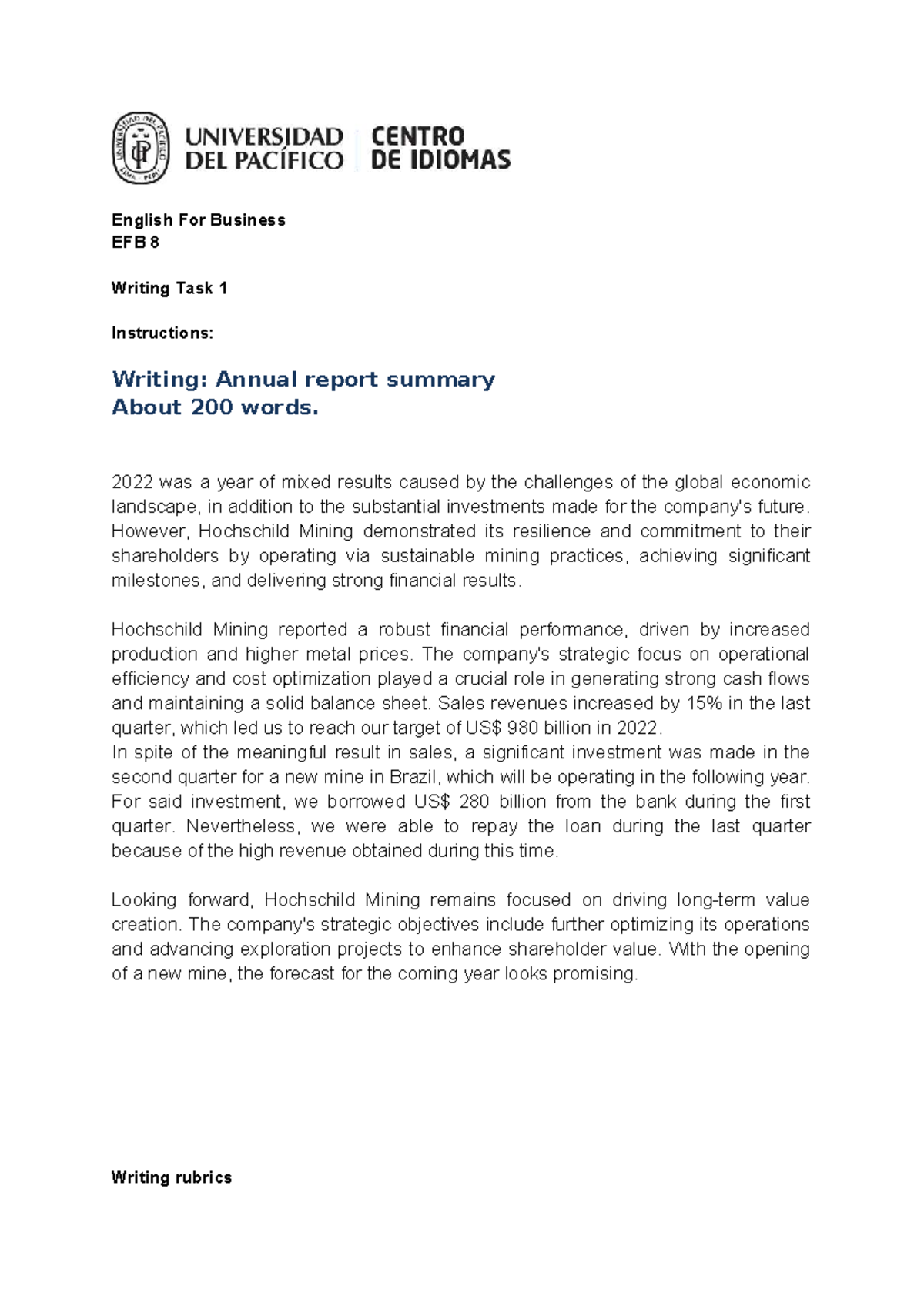 EFB 8 - Writing Task 1: Annual Report Summary Analysis - Studocu
