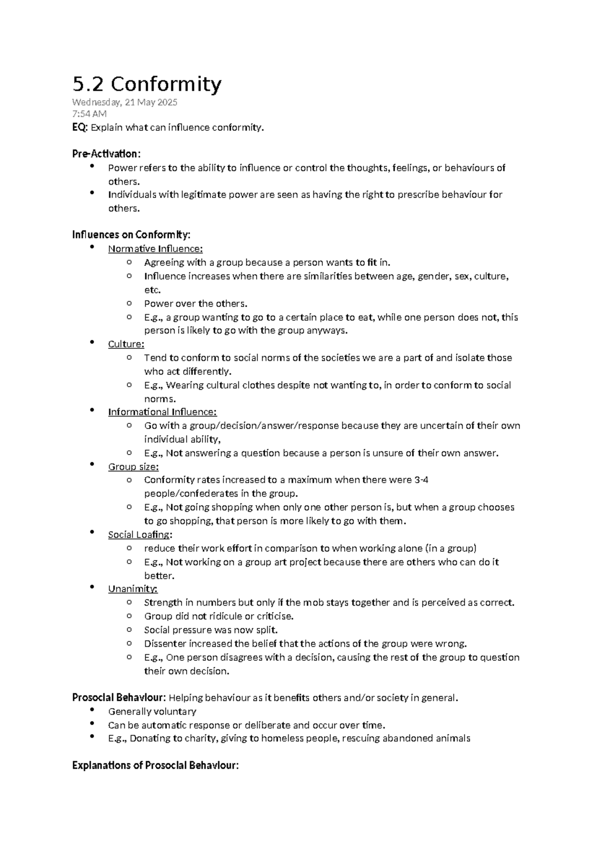 Conformity Influences: Psychology Notes - QCAA 5.2 - Studocu