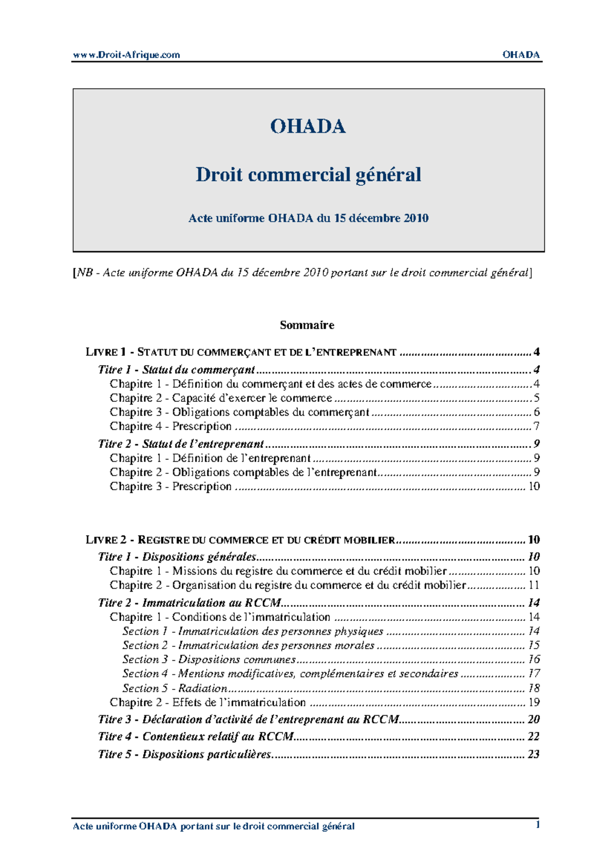 OHADA Droit Commercial Général - Acte Uniforme 2010 et Sommaire - Studocu