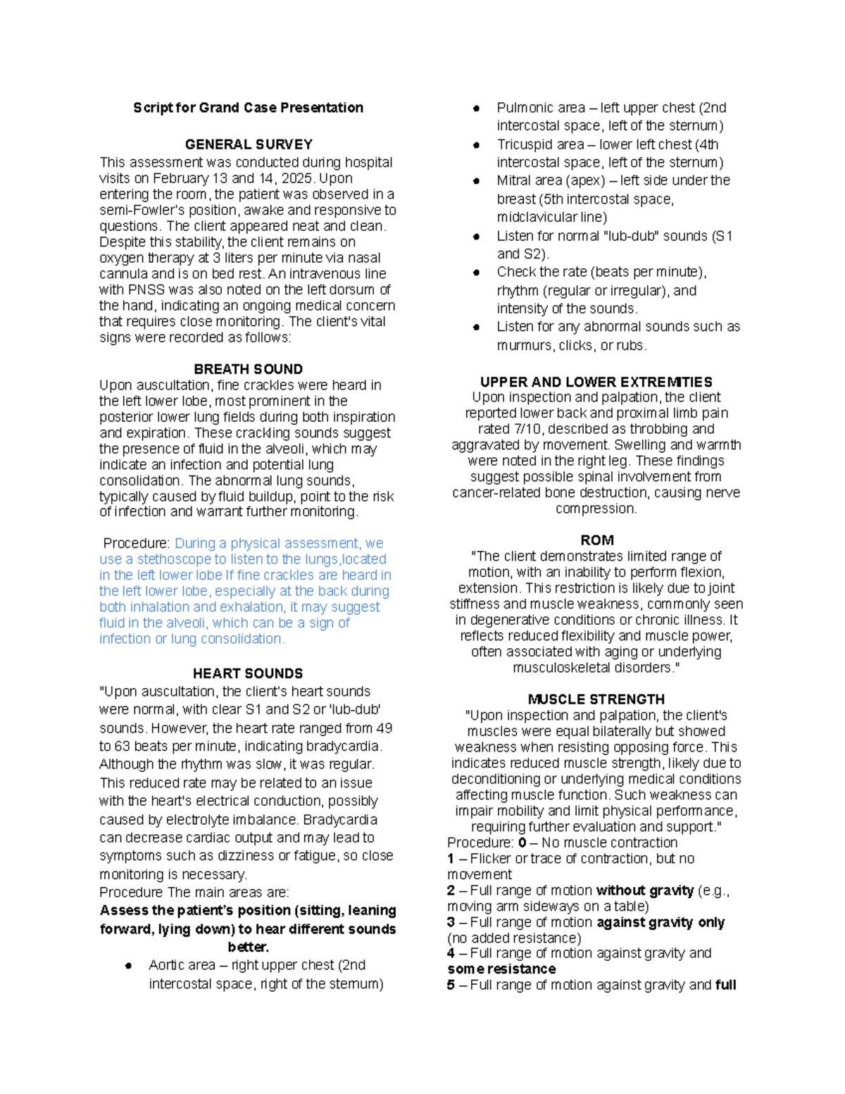 Script for Grand Case Presentation: Patient Assessment Overview - Studocu