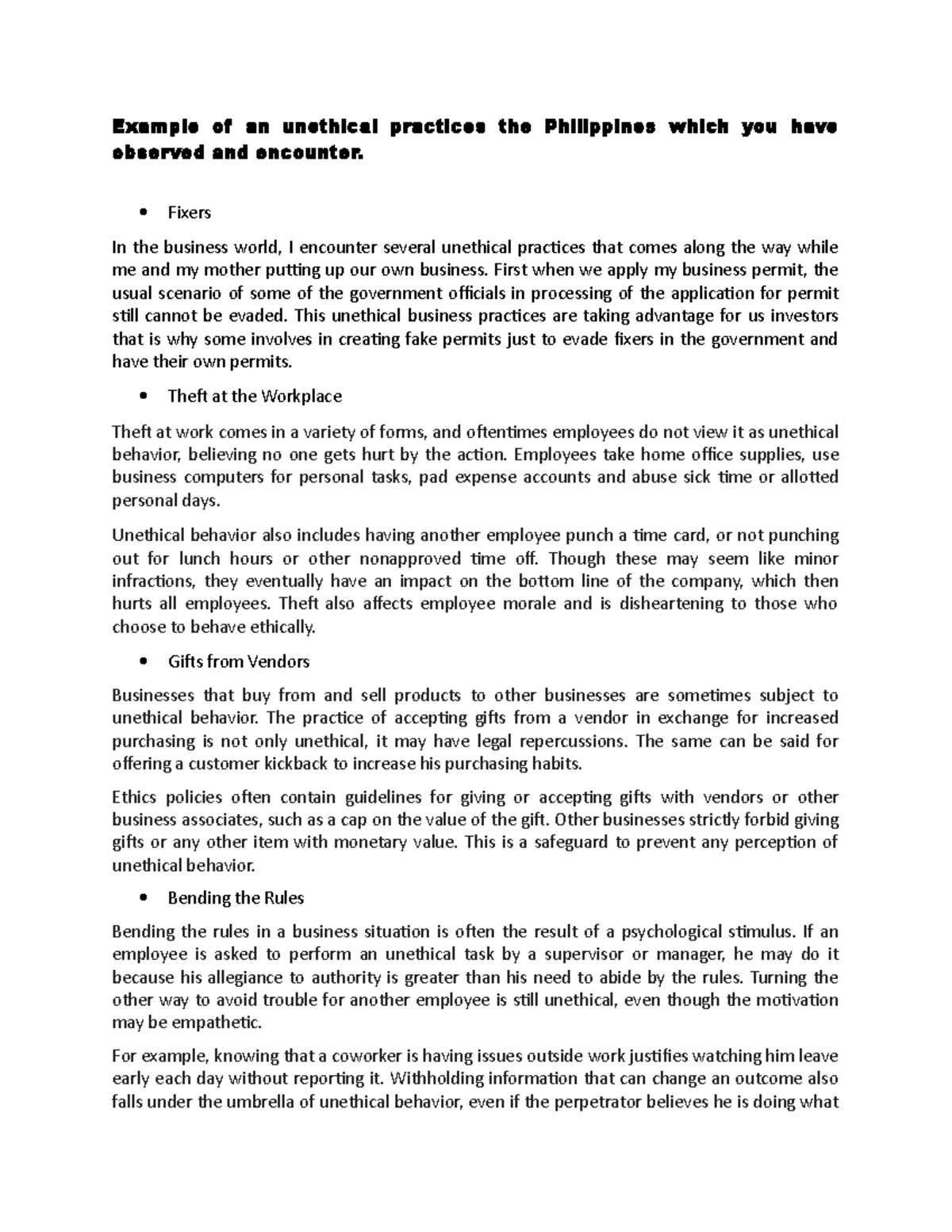 Unethical Practices - Example of an unethical practices the Philippines ...