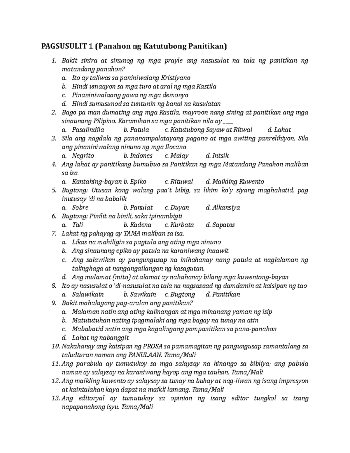 Pagsusulit para sa Panitikang Pilipino course - PAGSUSULIT 1 (Panahon ...