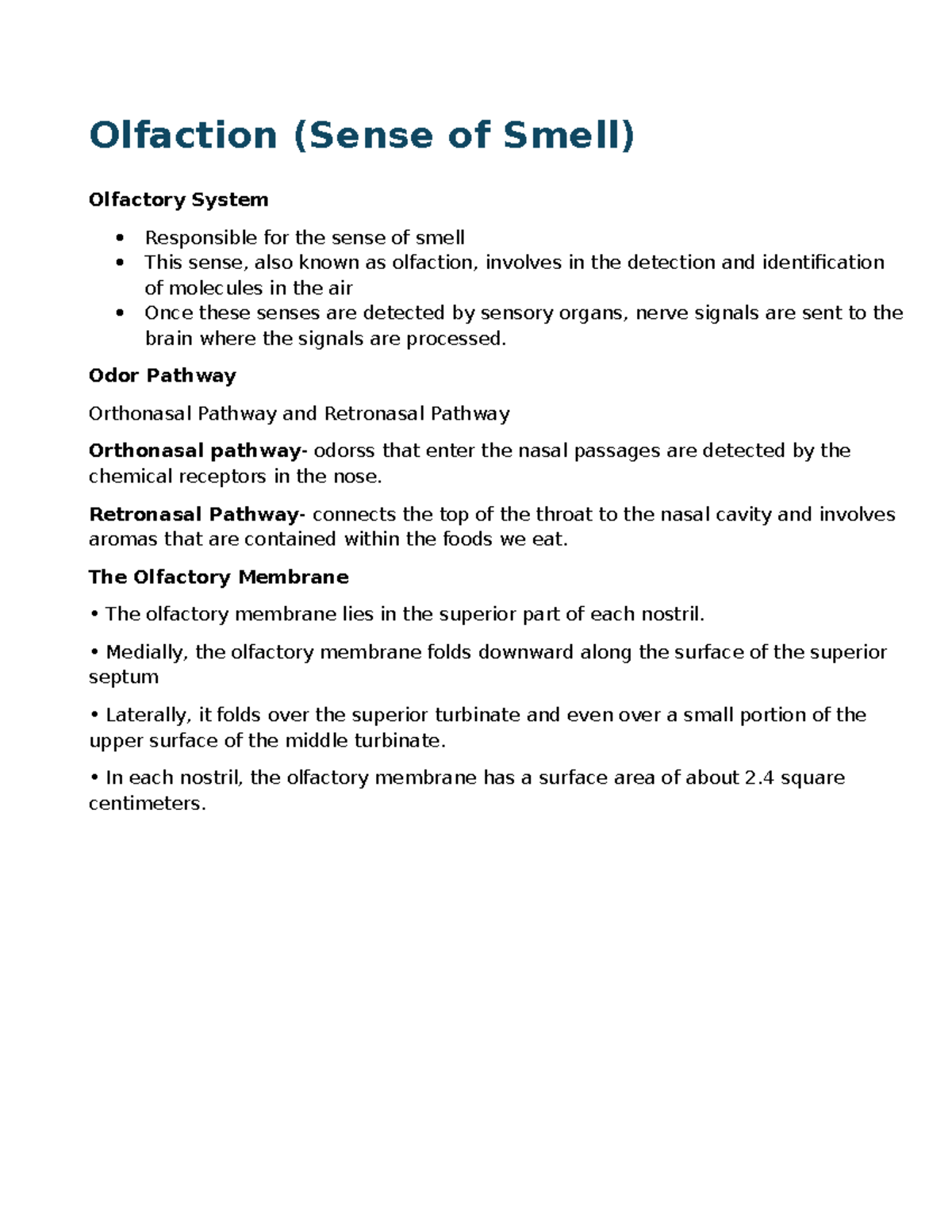 Olfaction - for lecture - Olfaction (Sense of Smell) Olfactory System ...