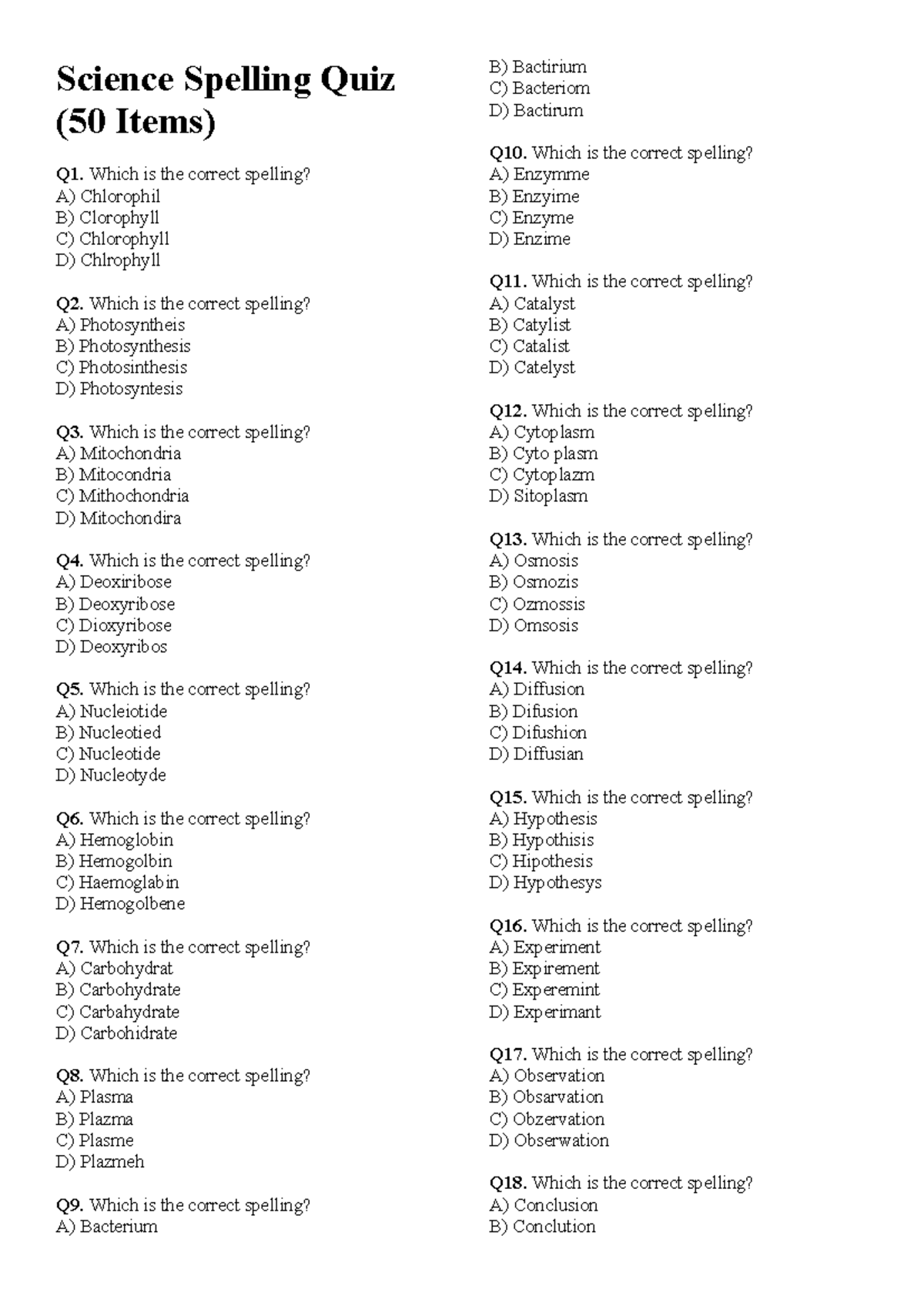 Science Spelling Quiz (50 Items) - Reviewer's Guide - Studocu
