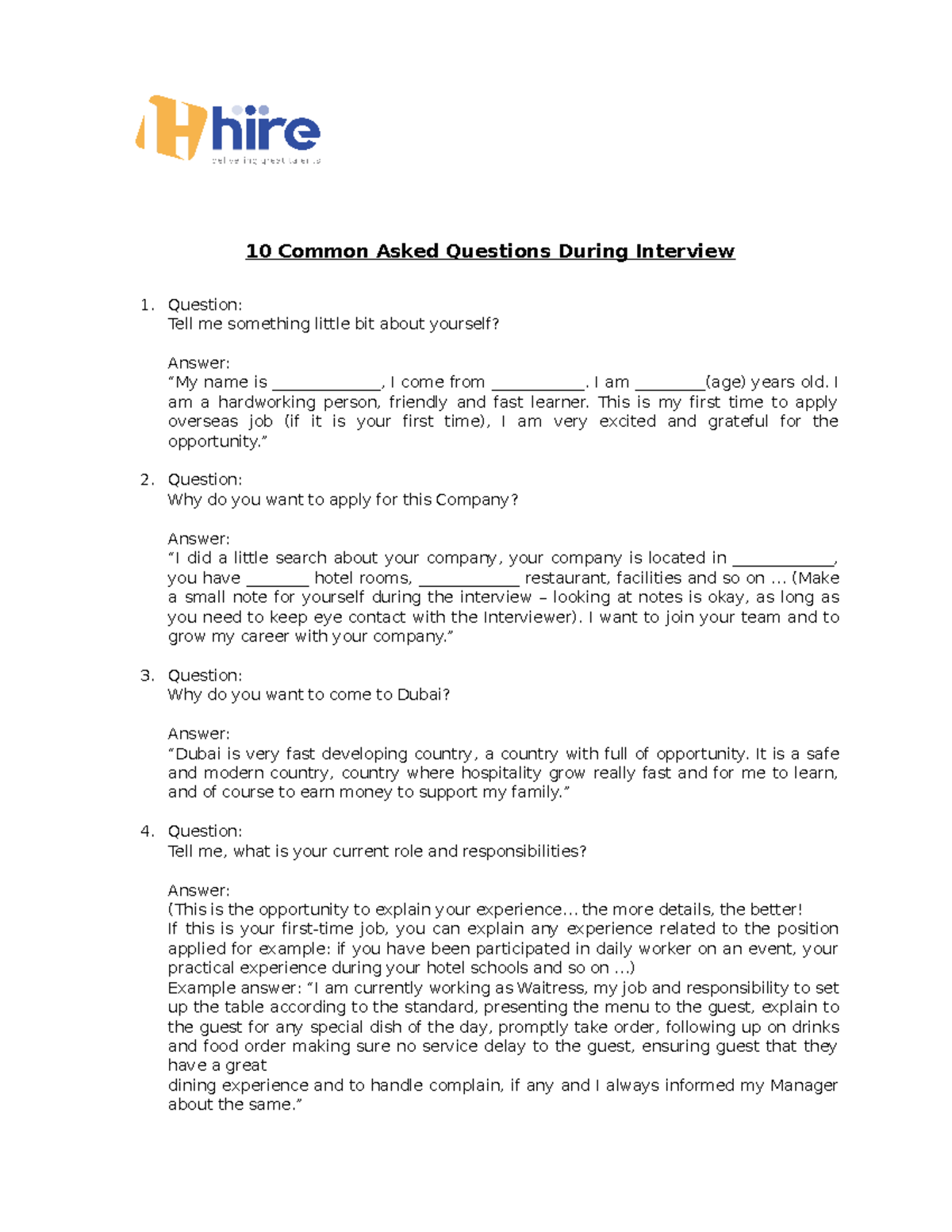 10 Commonly Asked Interview Questions and Sample Answers - Studocu
