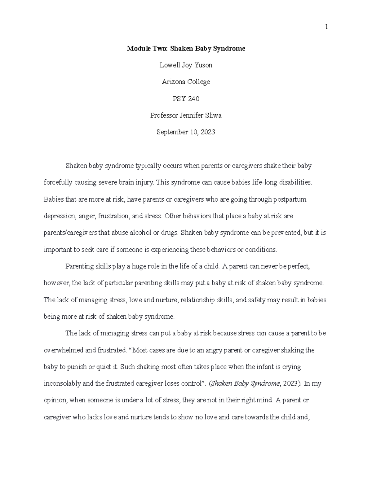 Psy 240 - Mod 2: Understanding Shaken Baby Syndrome and Prevention ...