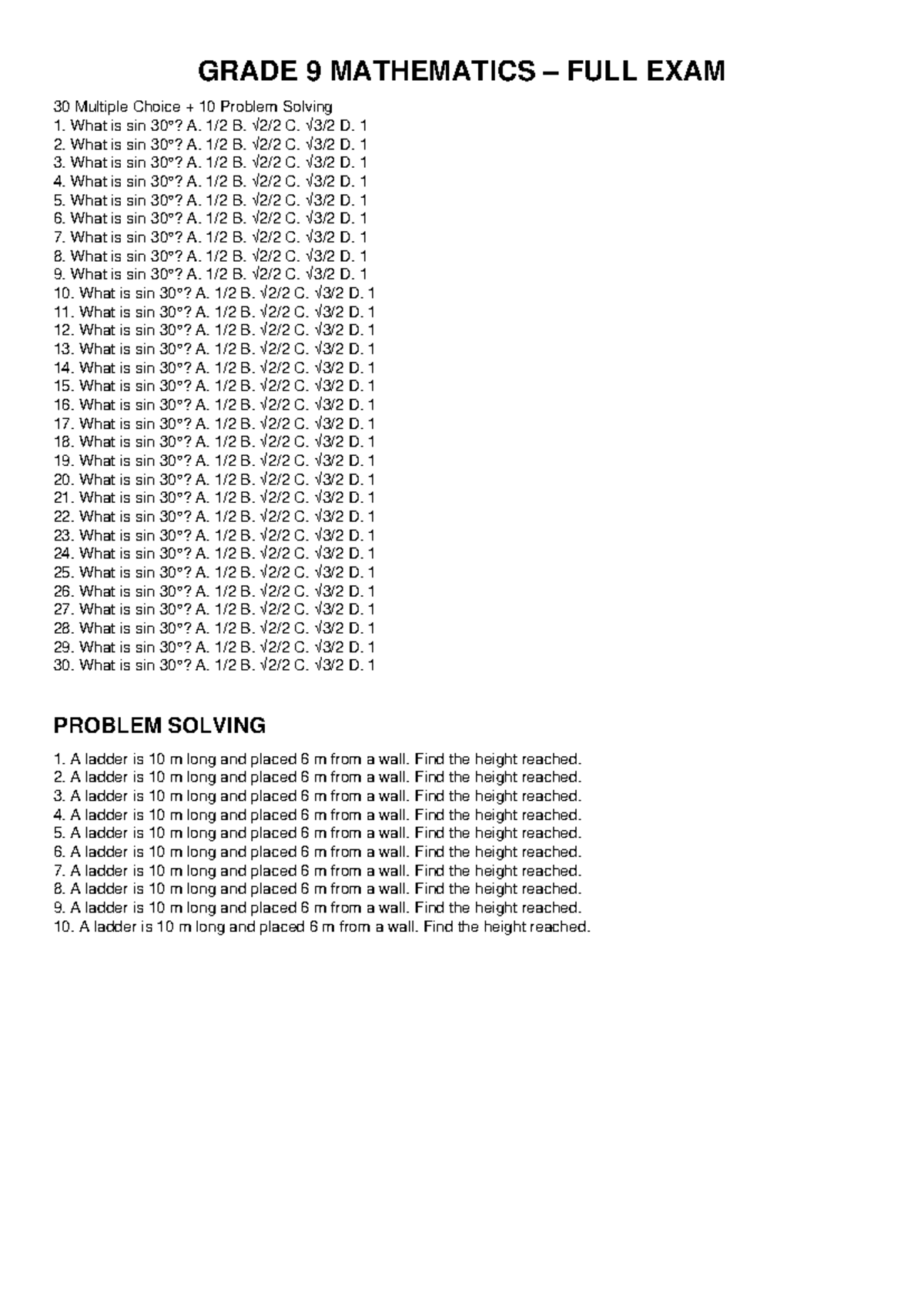 GRADE 9 MATHEMATICS FINAL EXAM: Trigonometry & Problem Solving - Studocu