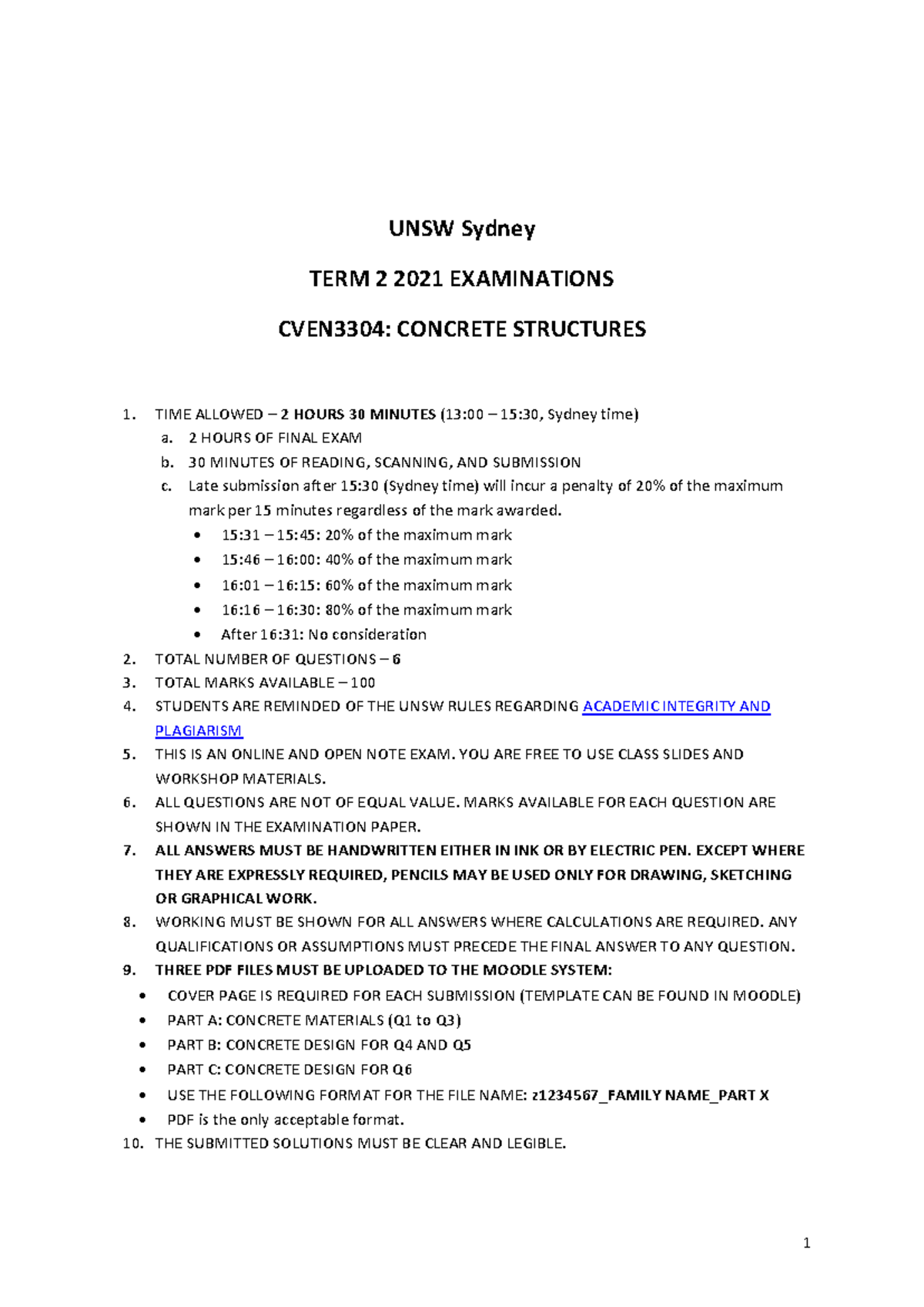 CVEN3304 Final Exam Papers - UNSW Sydney TERM 2 2021 EXAMINATIONS ...