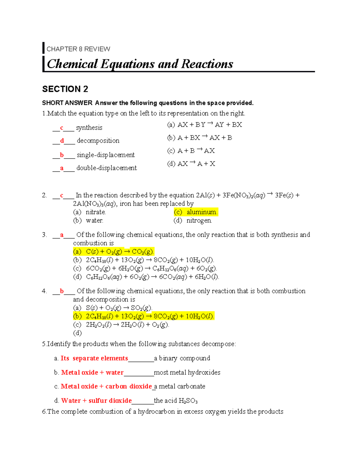 Chapter 8 - Section 2 Chemical Reactions Review Worksheet - Studocu