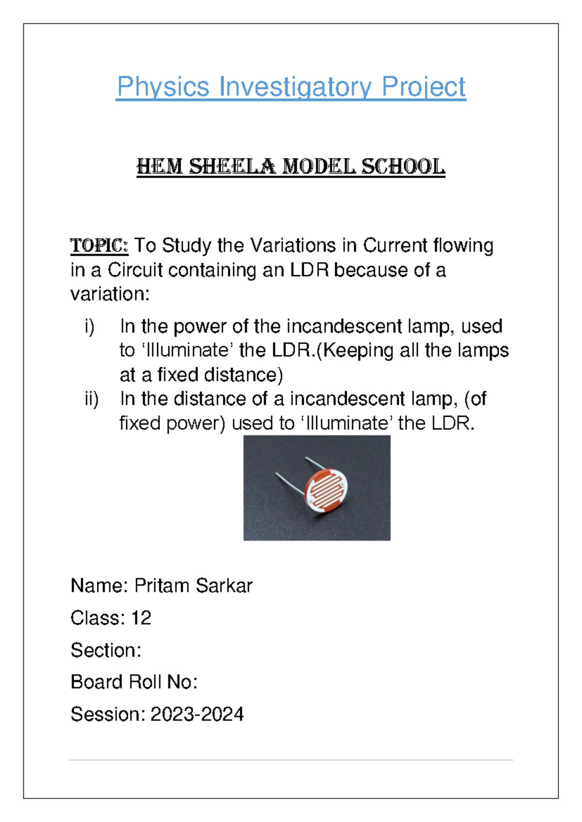 Physics Investigatory Project on LDR Current Variations - Class 12 ...