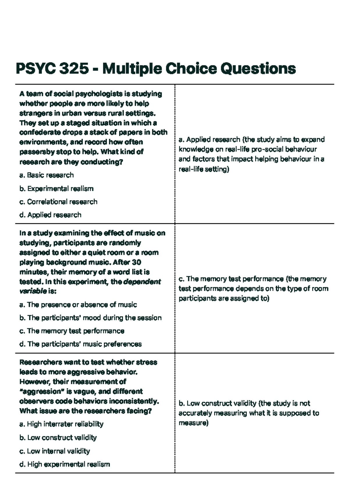 PSYC 325 - Midterm Multiple Choice Questions on Research Methods - Studocu