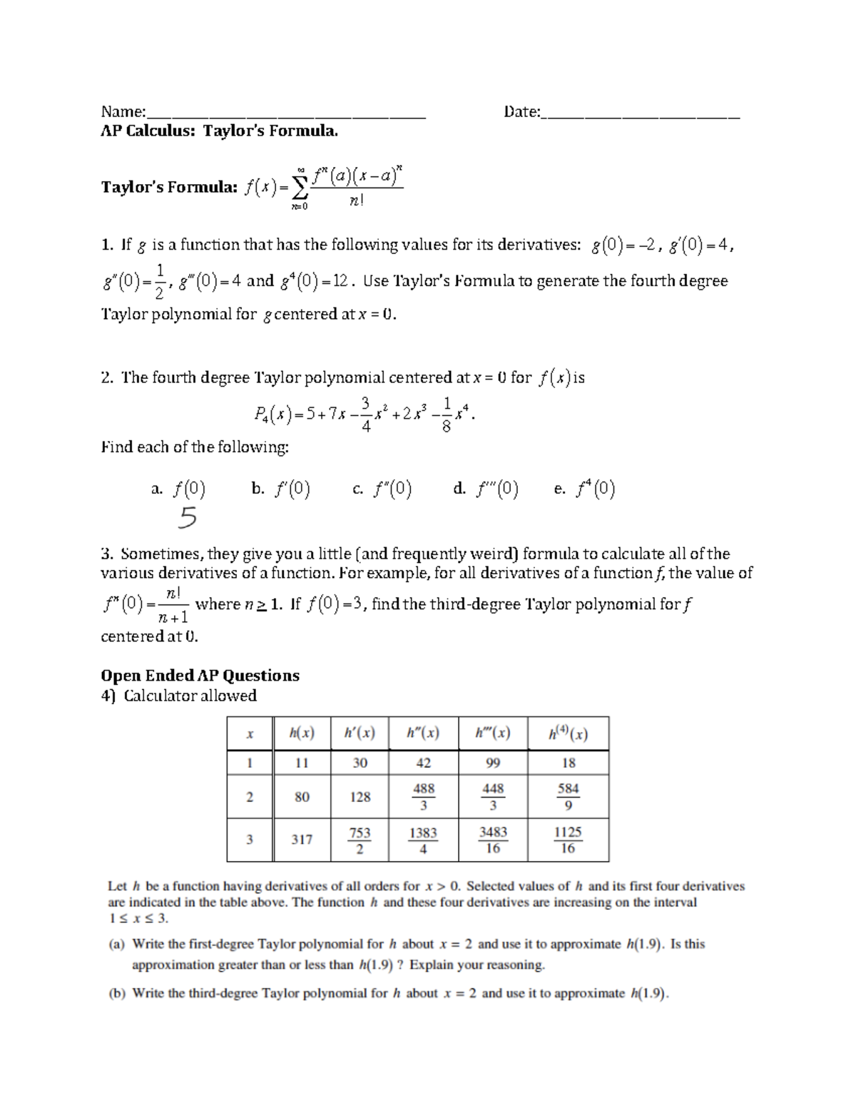 AP Calculus: Taylor Polynomial Formulas and Derivatives (AP) - Studocu