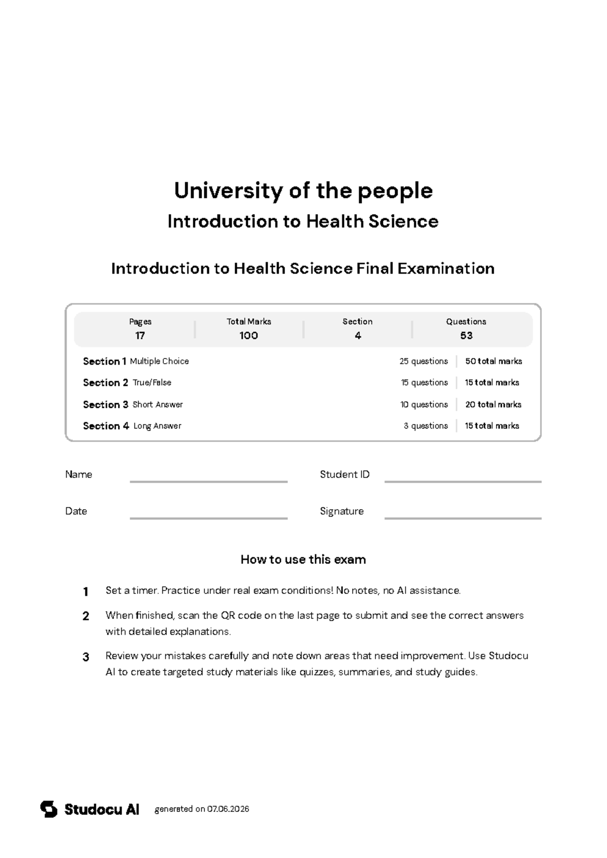 Introduction to Health Science Final Exam - Studocu