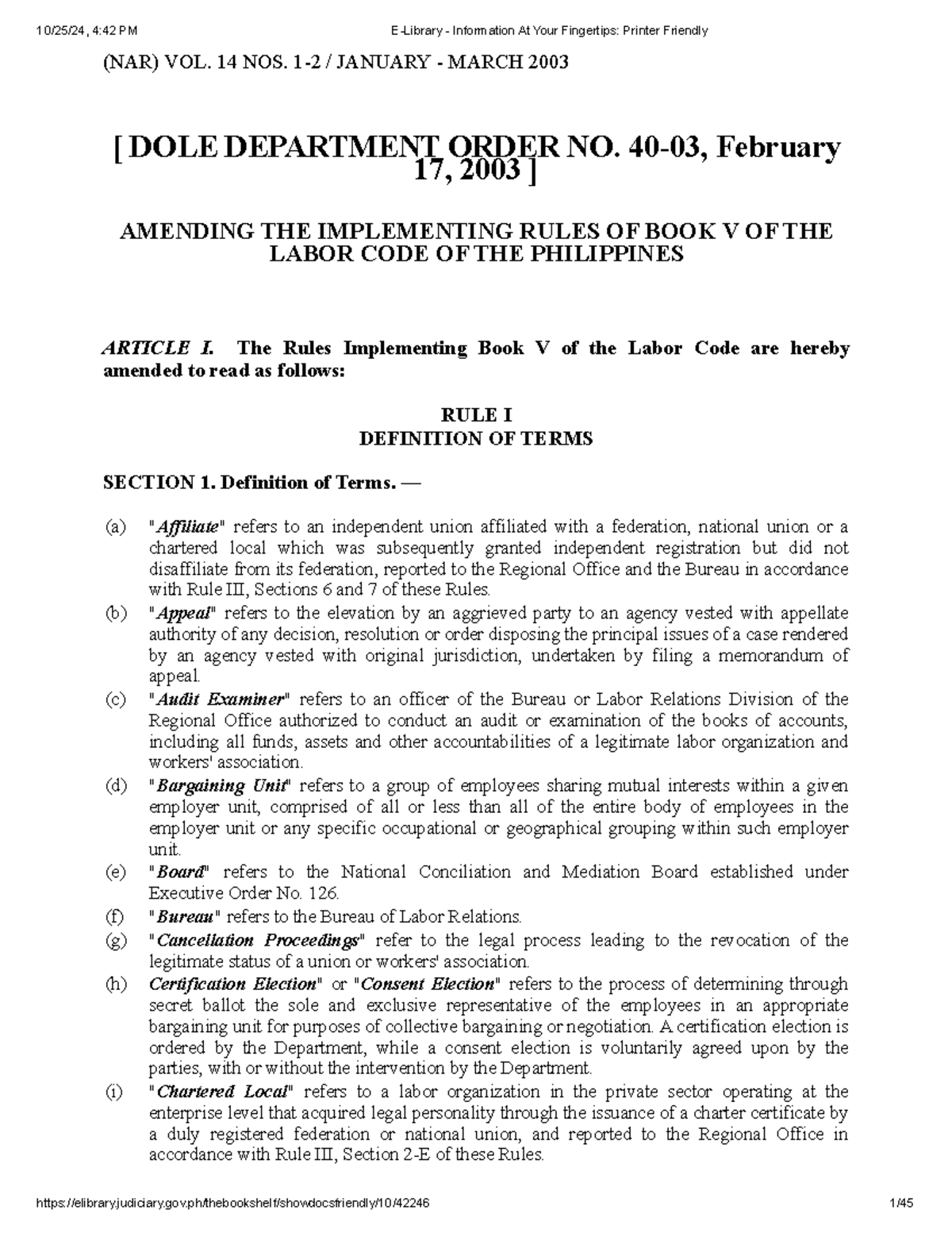 DOLE D.O. 40-03: Amendments to Labor Code Book V (2003) - Studocu