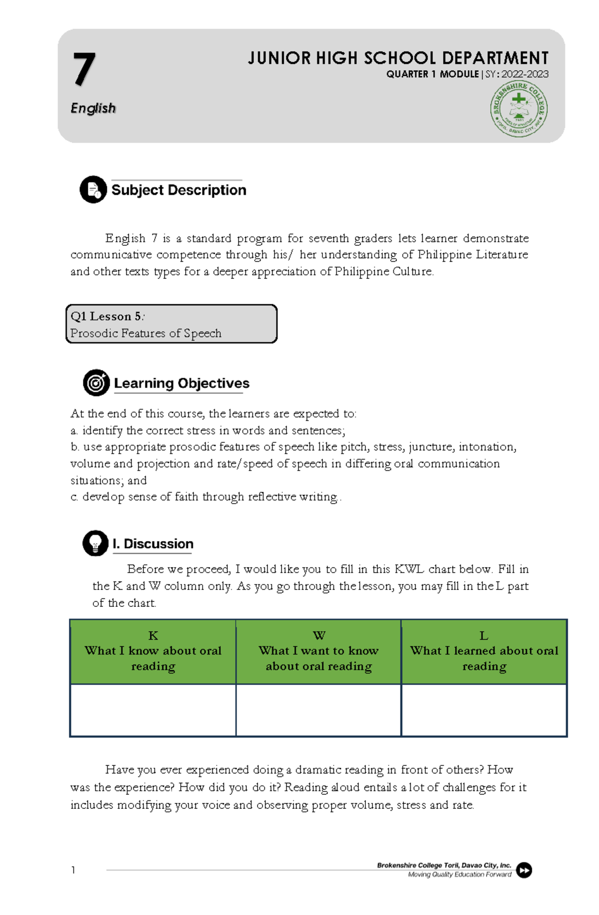 English 7: Module 5 - Exploring Prosodic Features of Speech - Studocu