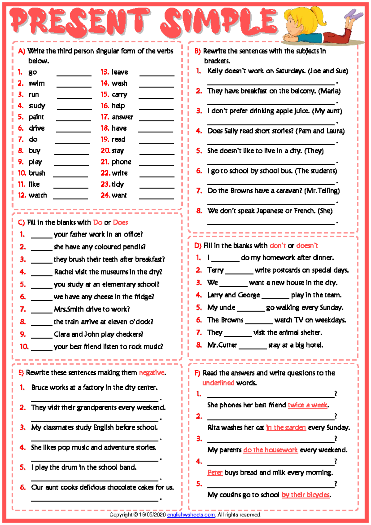 Present Simple Tense ESL Test Worksheet (Grammar) - Studocu