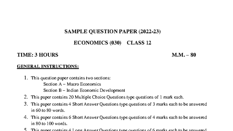 Economics Sample Question Paper (030) Class 12 - M.M. 80 - Studocu