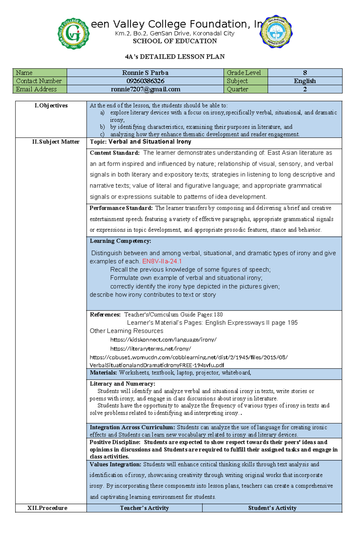 4AS Detailed Lesson Plan on Irony for Grade 8 English - Studocu