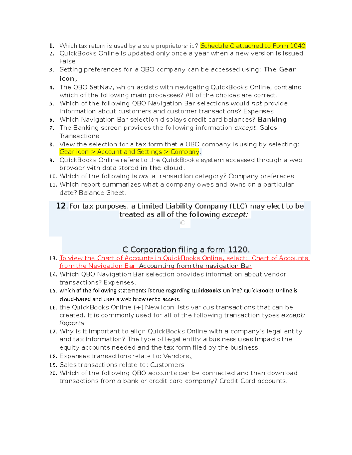 QuickBooks Chapter 1 Quiz Answers and Key Concepts - Studocu