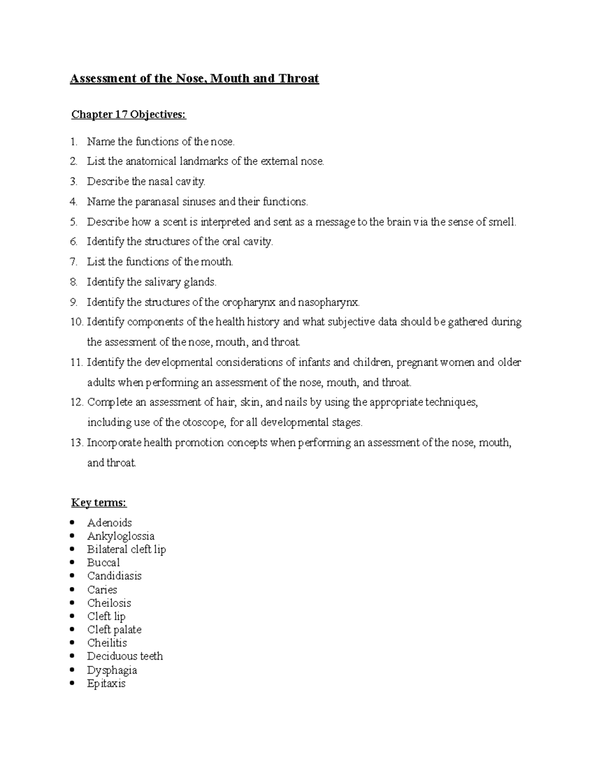 Assessment of the Nose, Mouth and Throat Objectives and Key Terms ...