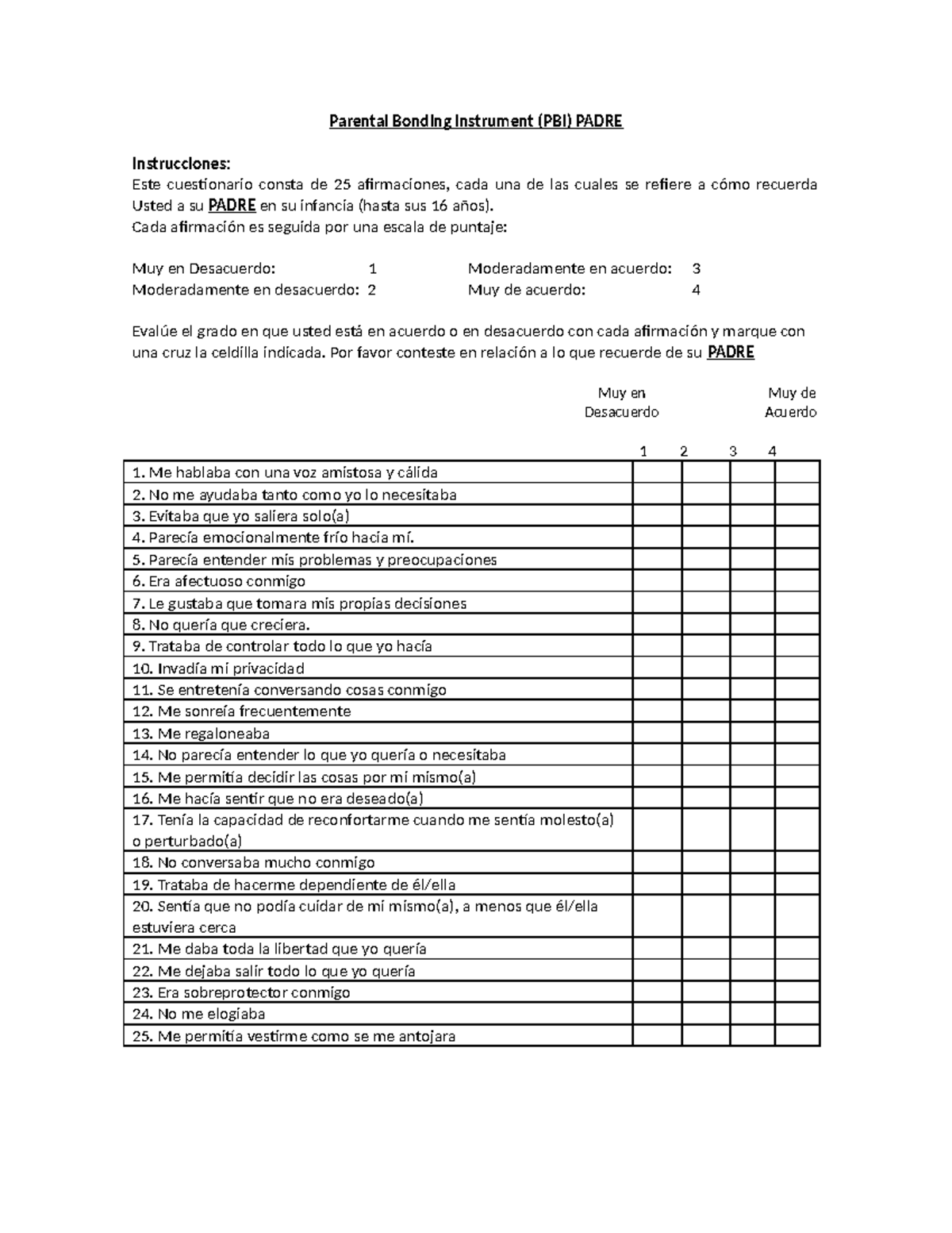 PBI - Evaluación del Vínculo Parental para Padres y Madres - Studocu