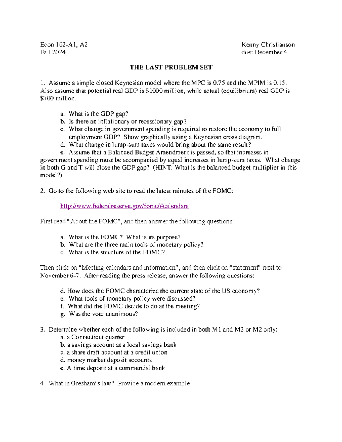Econ 162 - Problem Set 10: Keynesian Model Analysis & FOMC Insights ...