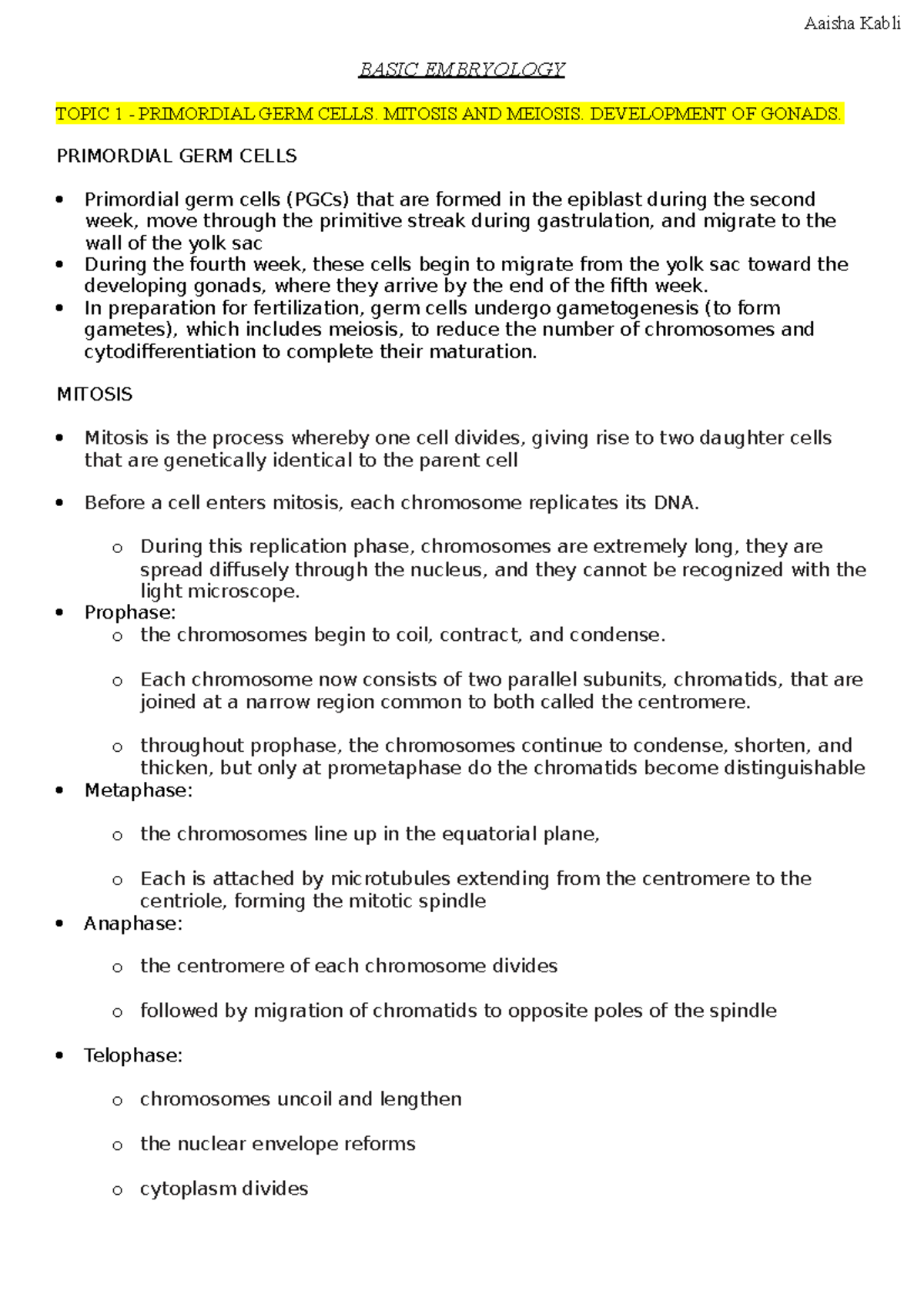 Basic Embryology - embryo notes for final - BASIC EMBRYOLOGY TOPIC 1 ...