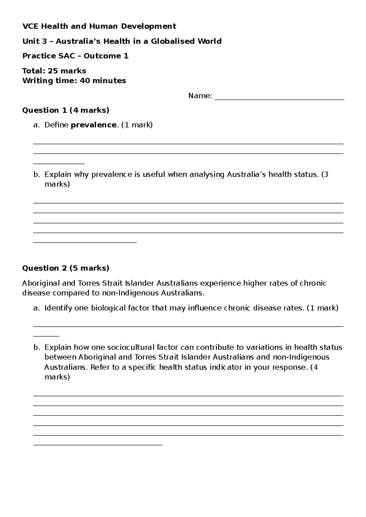 VCE Health and Human Development Unit 3 Practice SAC Outcome 1 - Studocu