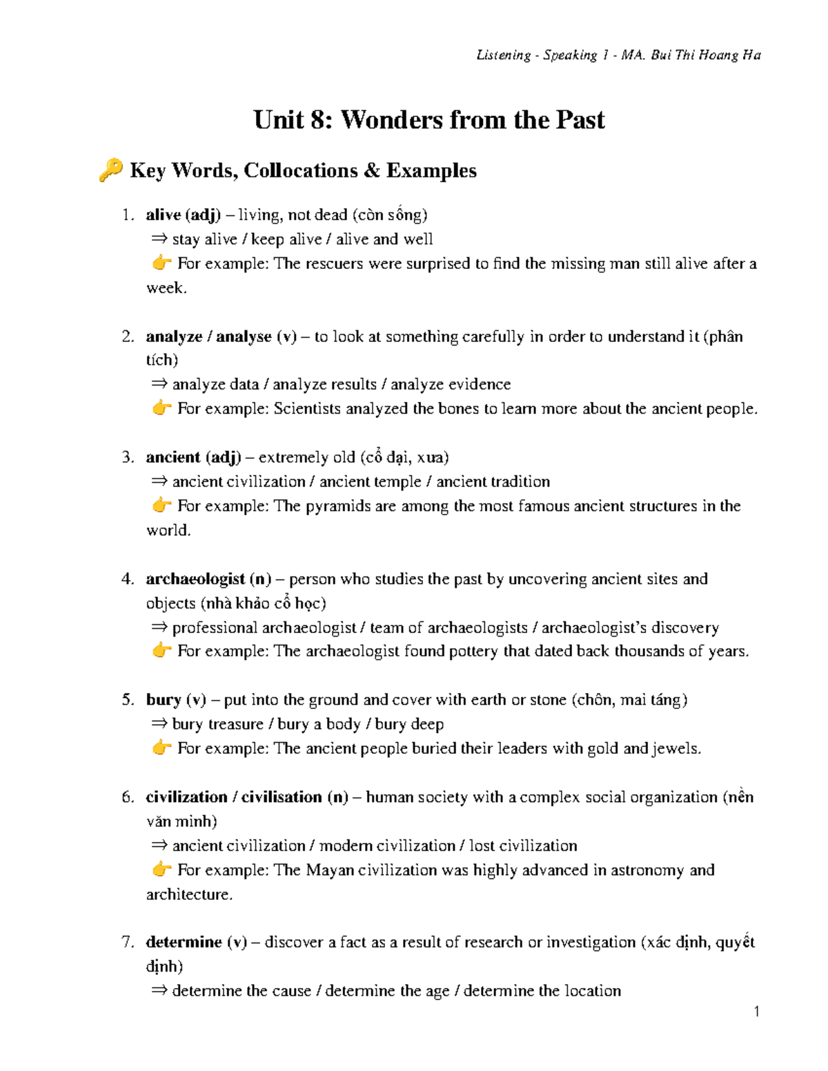Listening Speaking 1 MA: Unit 8 - Wonders from the Past Vocabulary ...