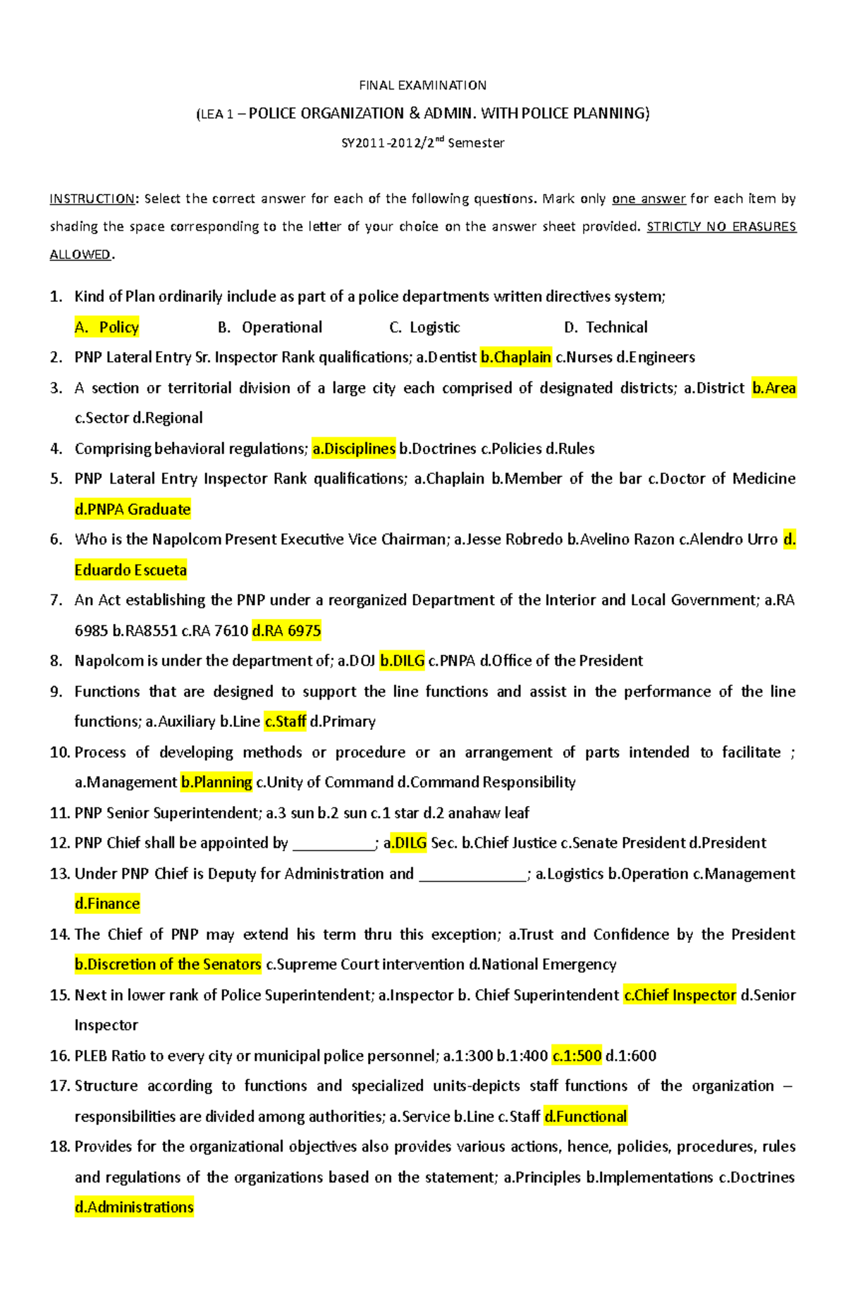 LEA 1 Reviewer - Law Enforcement Administration - FINAL EXAMINATION ...