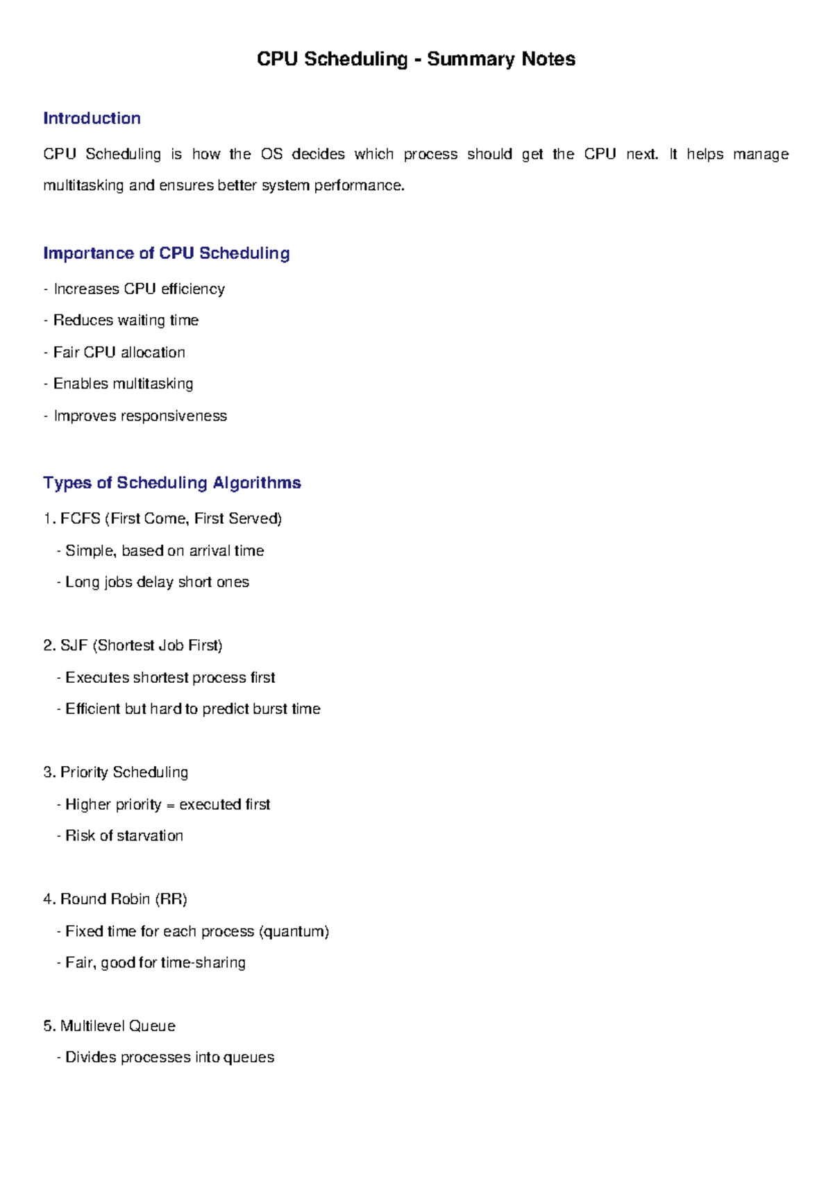 CPU Scheduling Summary Notes (CS101) - Studocu