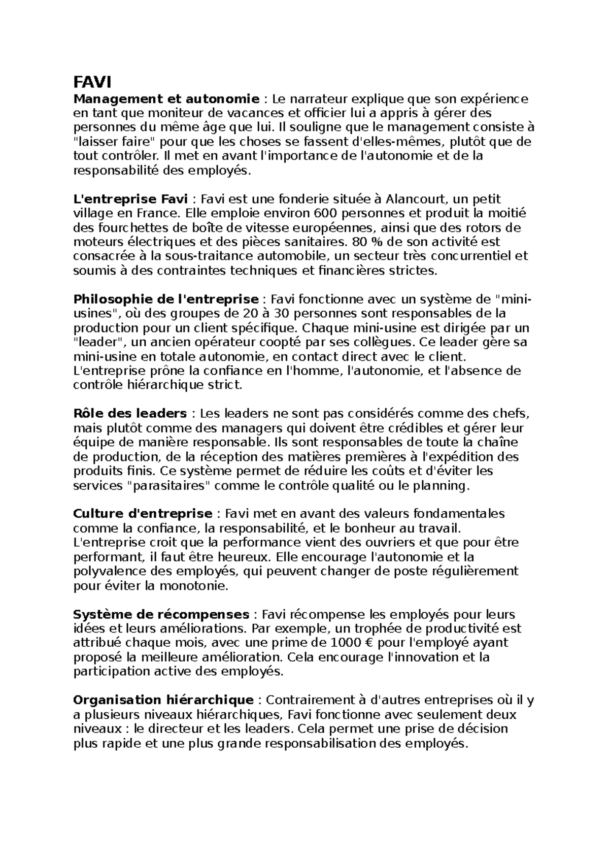250320 FAVI - Management et Autonomie dans les Entreprises - Studocu