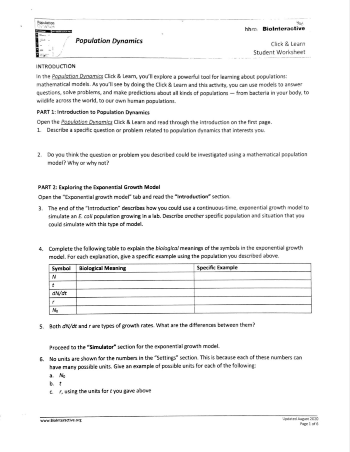 APES+CH - Worksheet on Population Dynamics & Exponential Growth Models ...