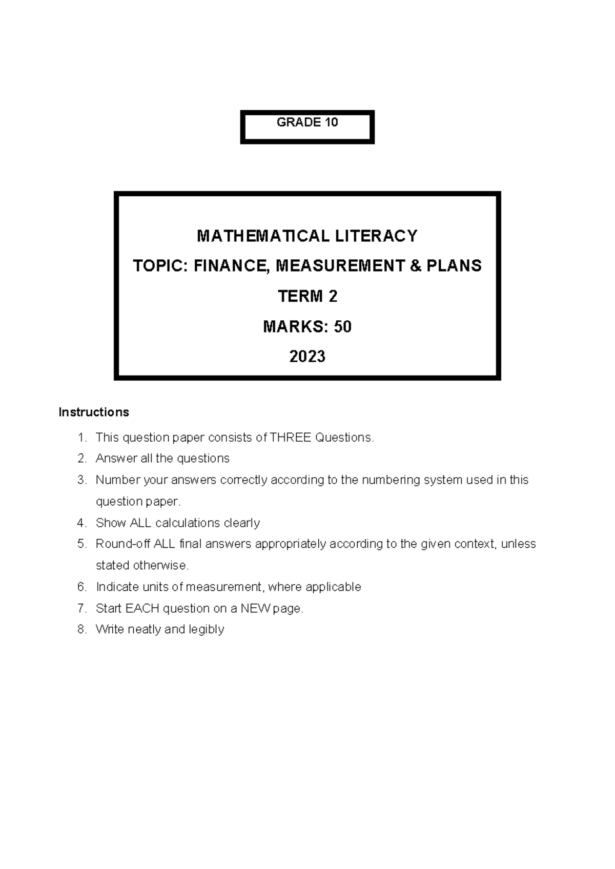 Math Lit Gr 10 Term 2 Assignment QP 2023 (Finance & Measurement) - Studocu